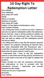 10 Day Right To Redemption Letter (10 Samples)