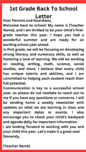 1st Grade Back To School Letter (10 Samples)
