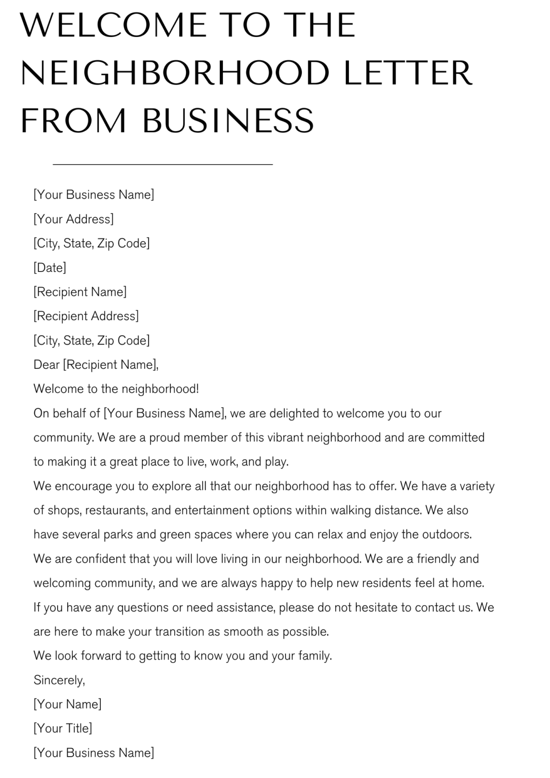 Welcome To The Neighborhood Letter From Business (5 Samples)