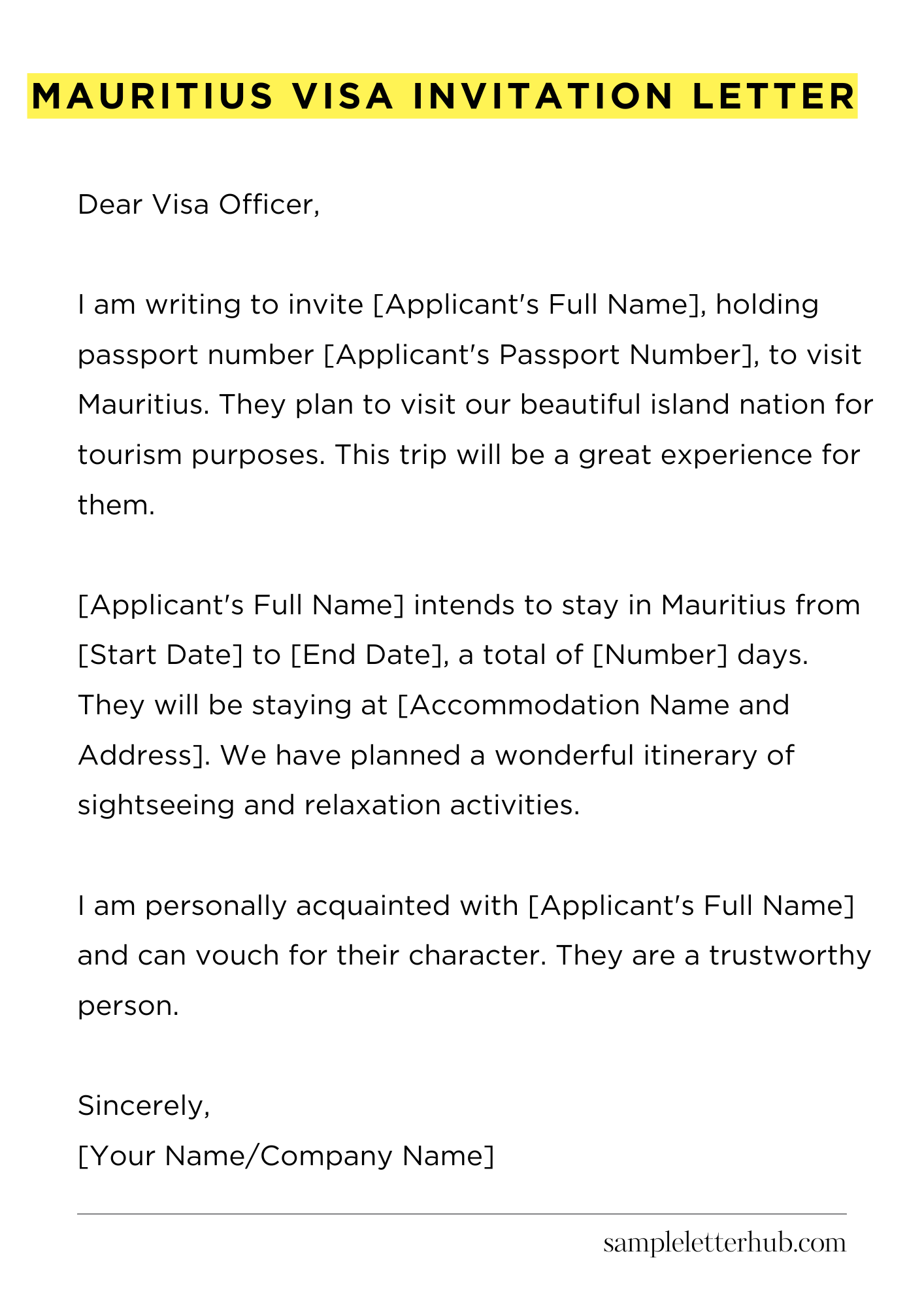 Mauritius Visa Invitation Letter