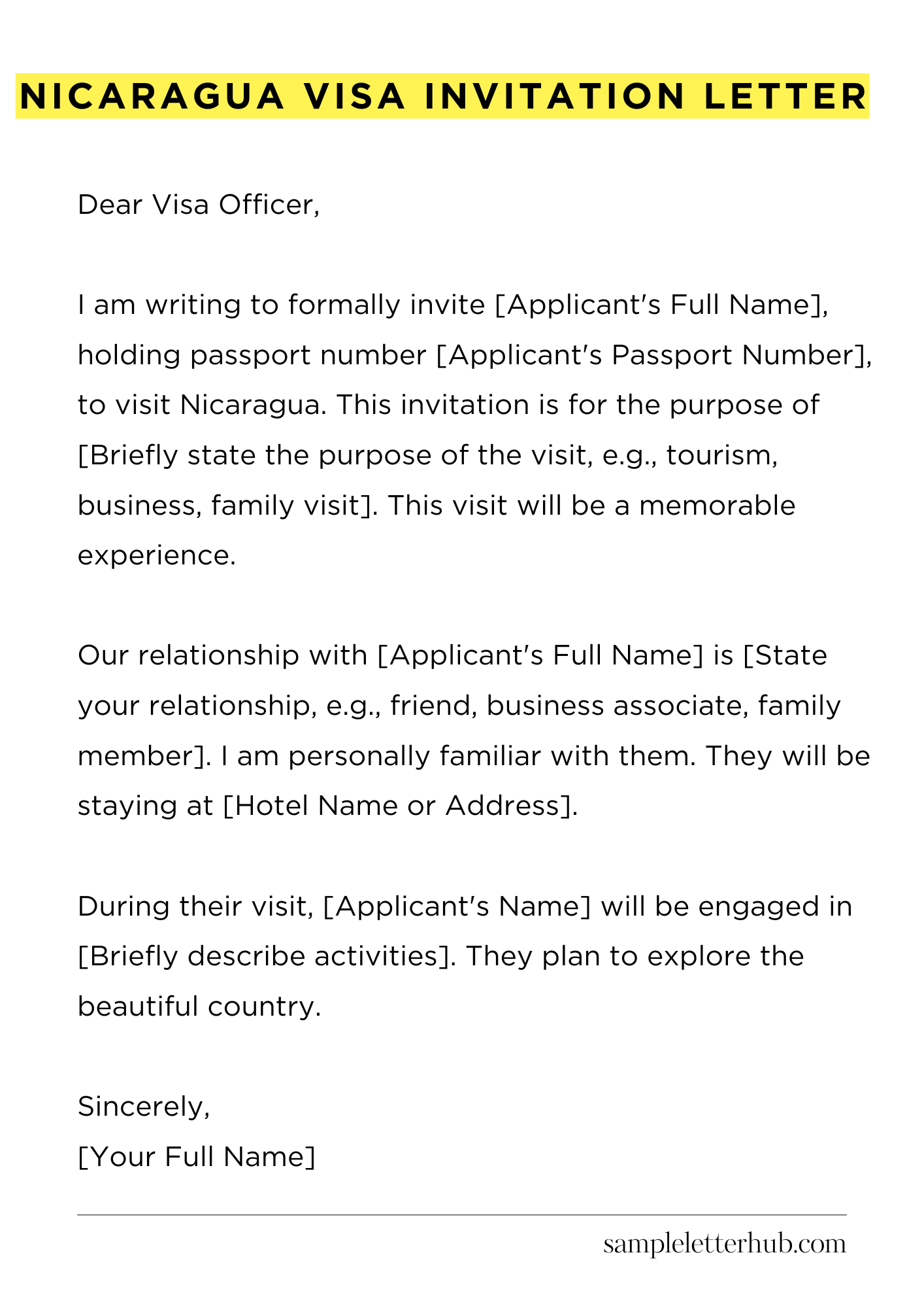 Nicaragua Visa Invitation Letter