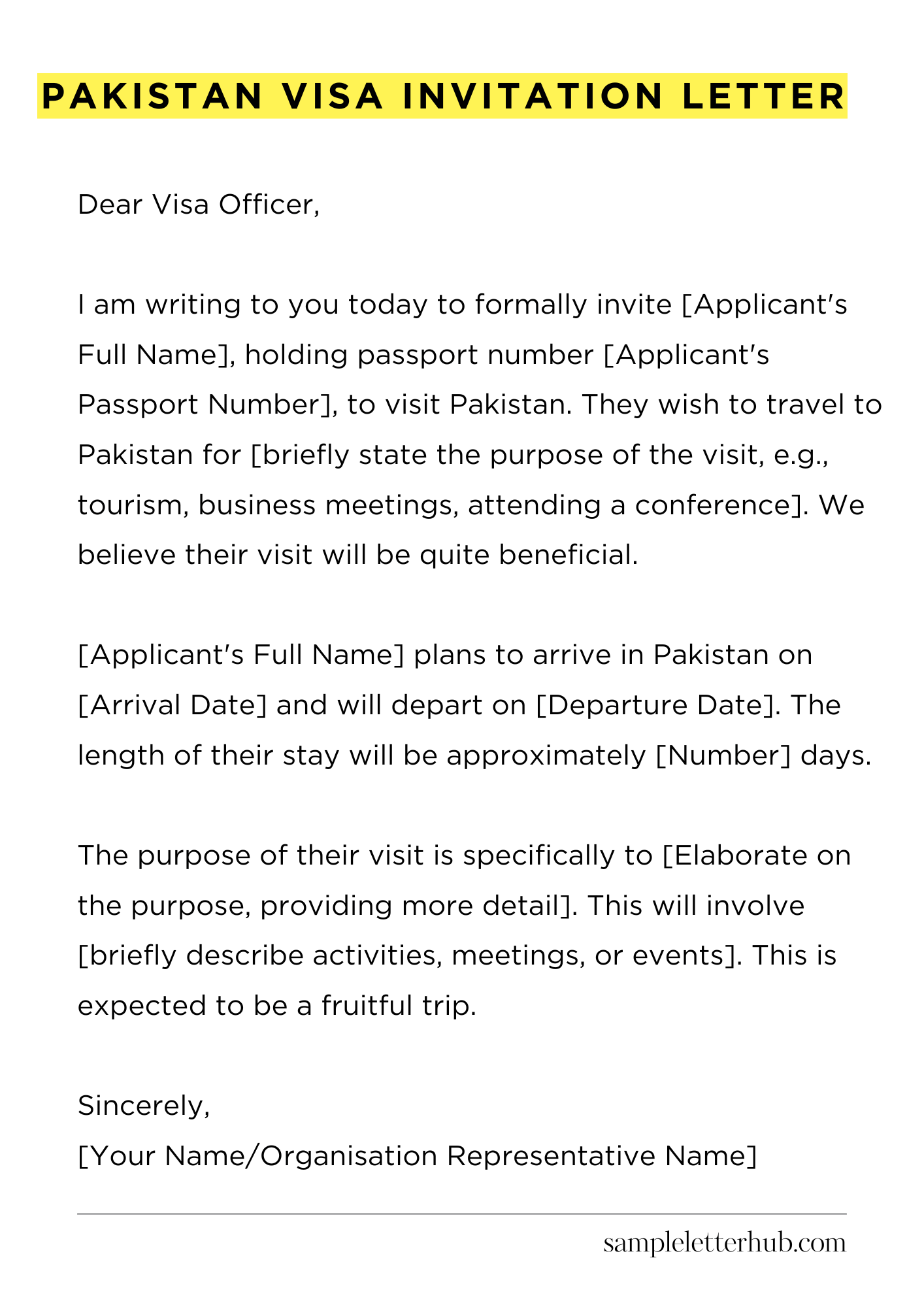 Pakistan Visa Invitation Letter
