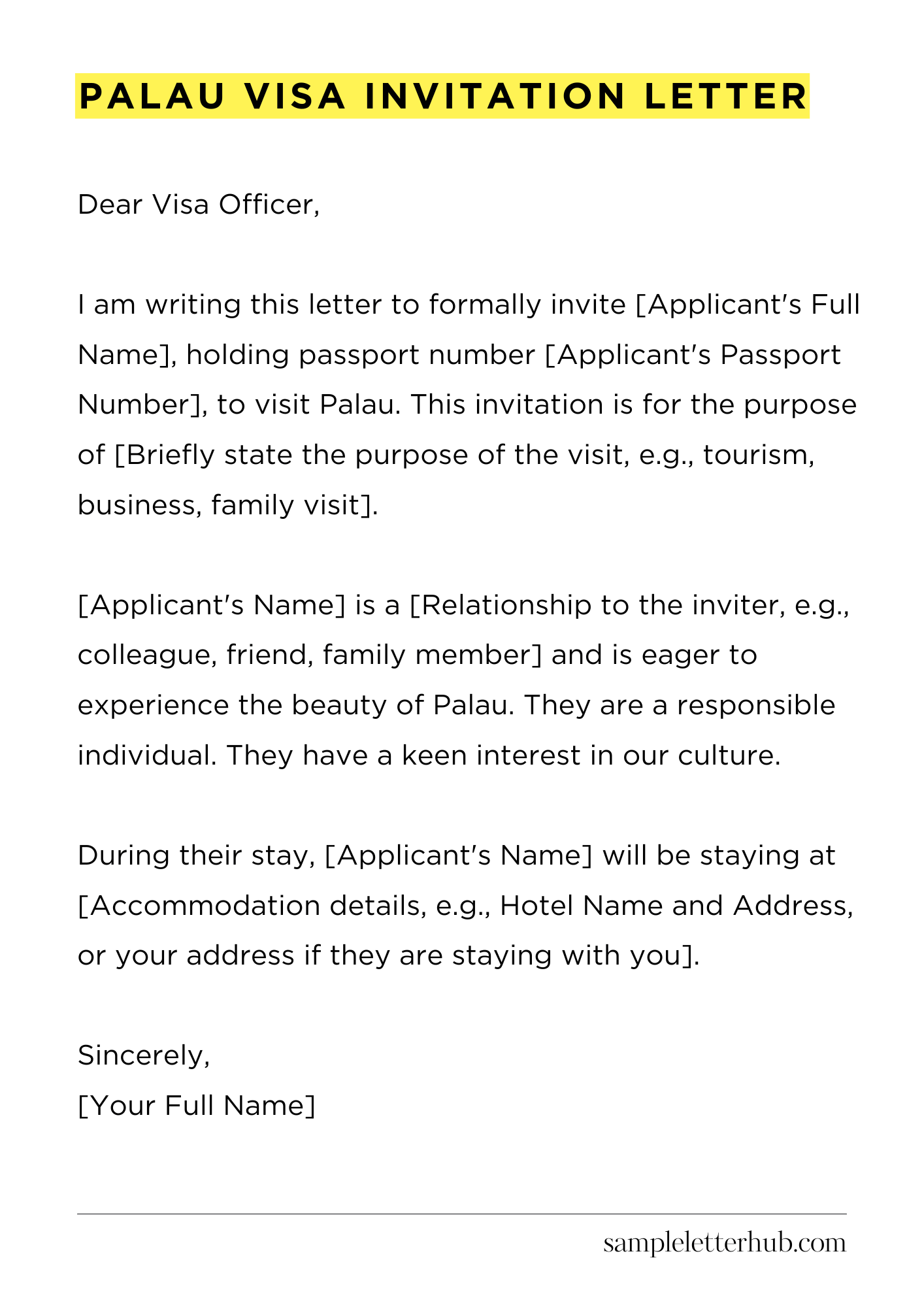Palau Visa Invitation Letter