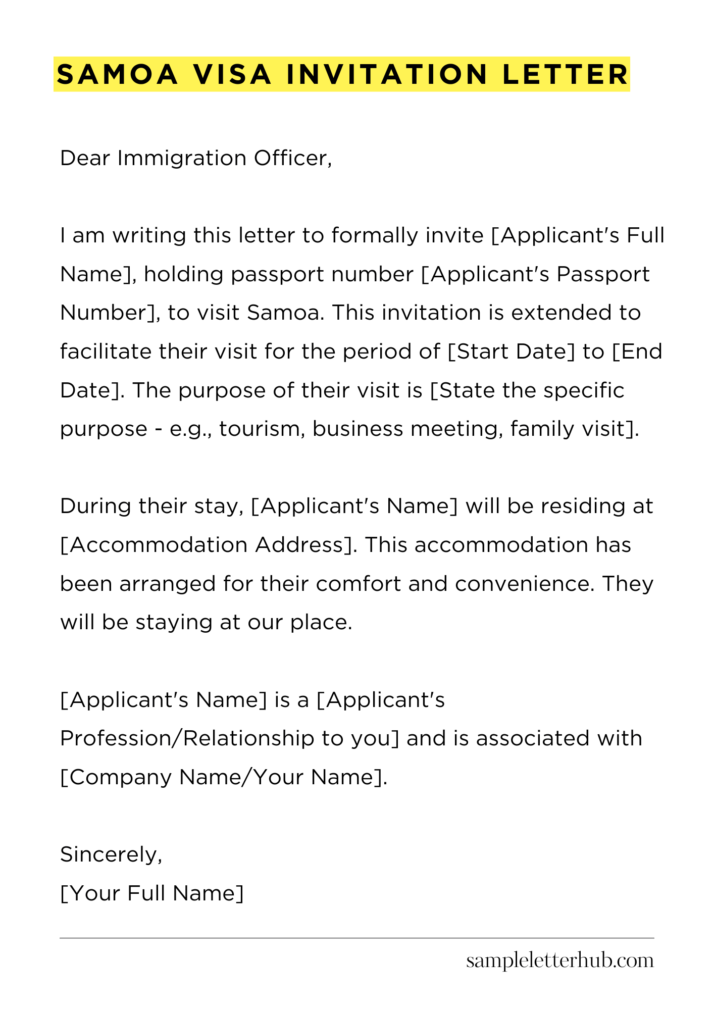 Samoa Visa Invitation Letter