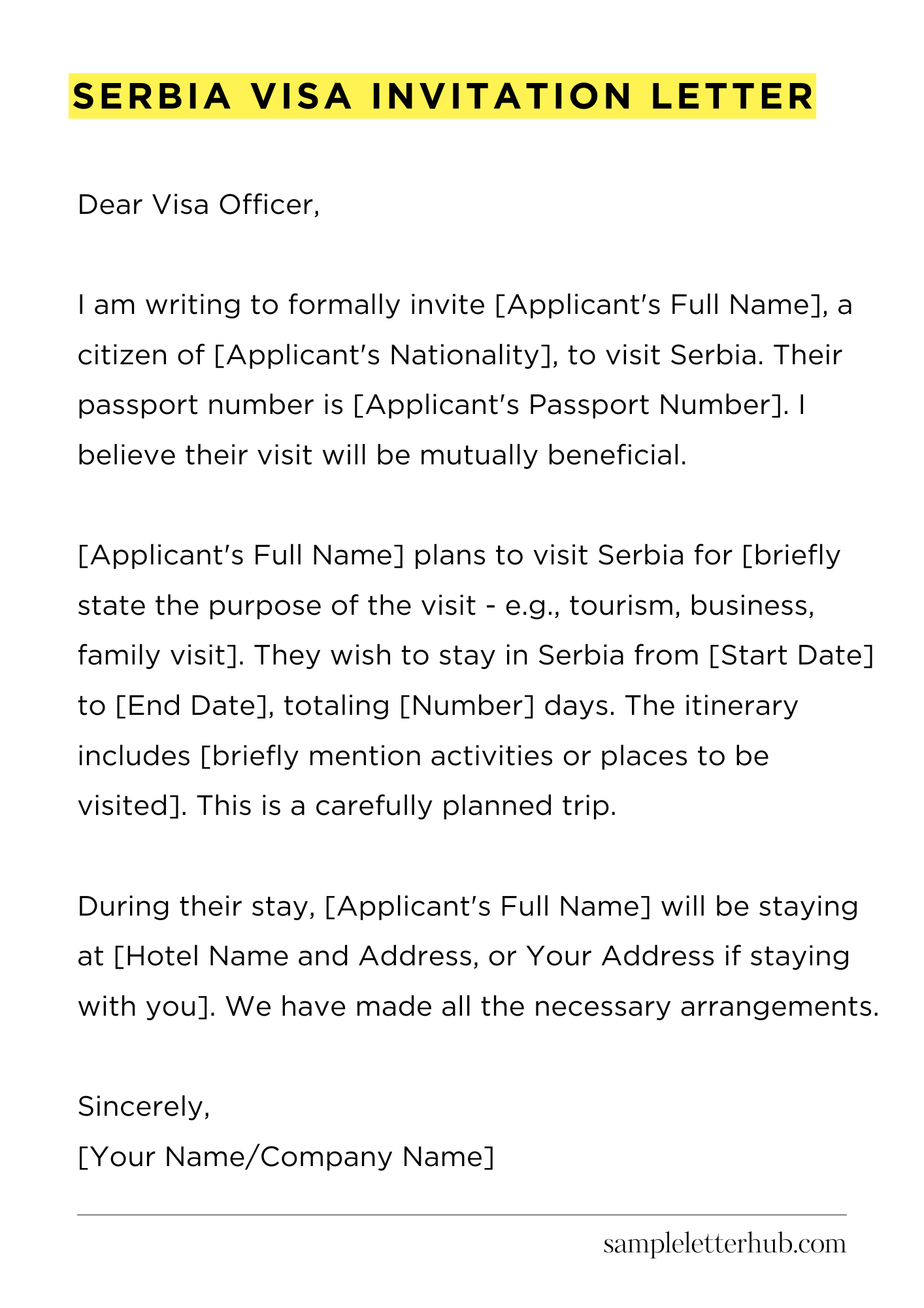 Serbia Visa Invitation Letter