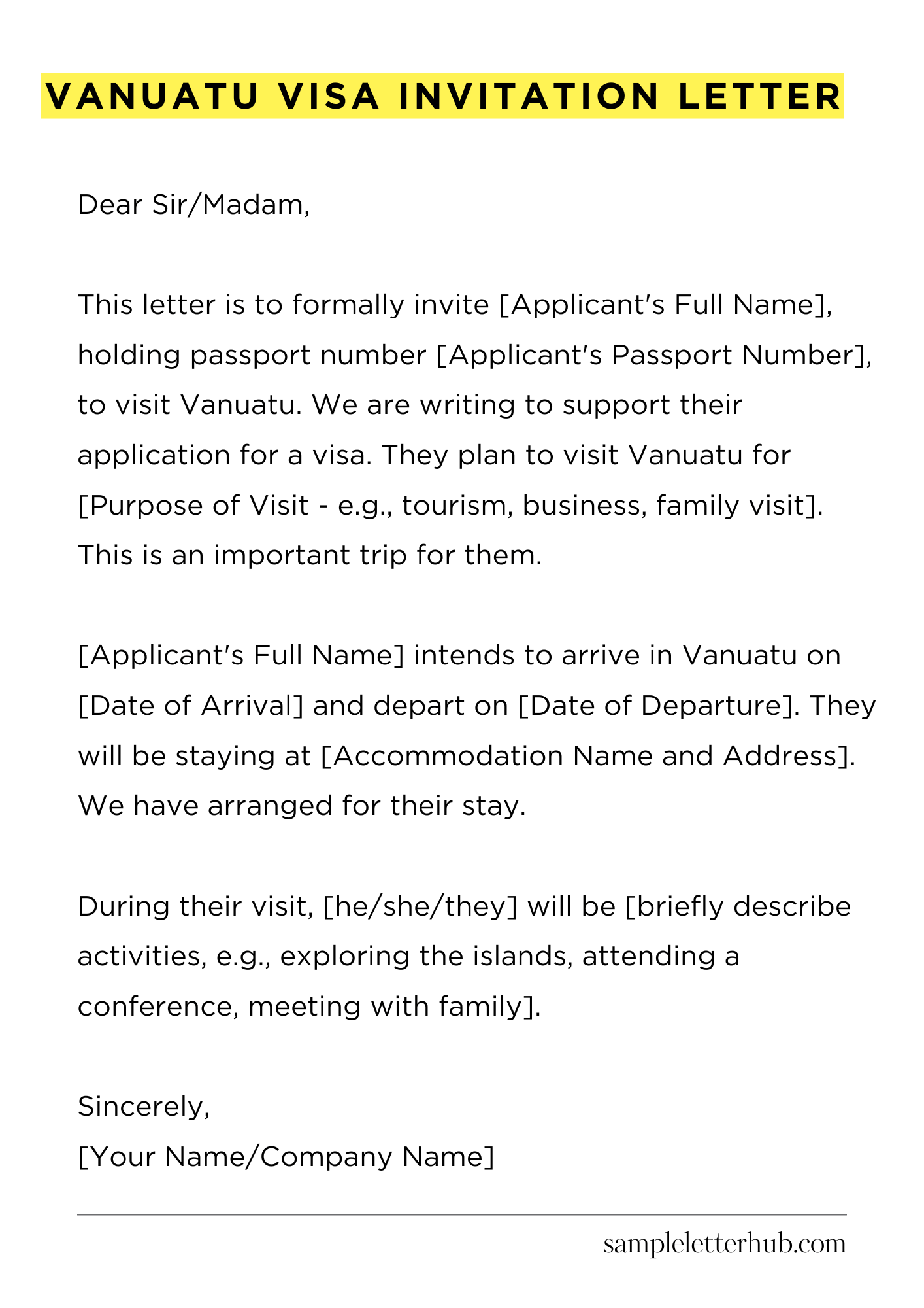 Vanuatu Visa Invitation Letter