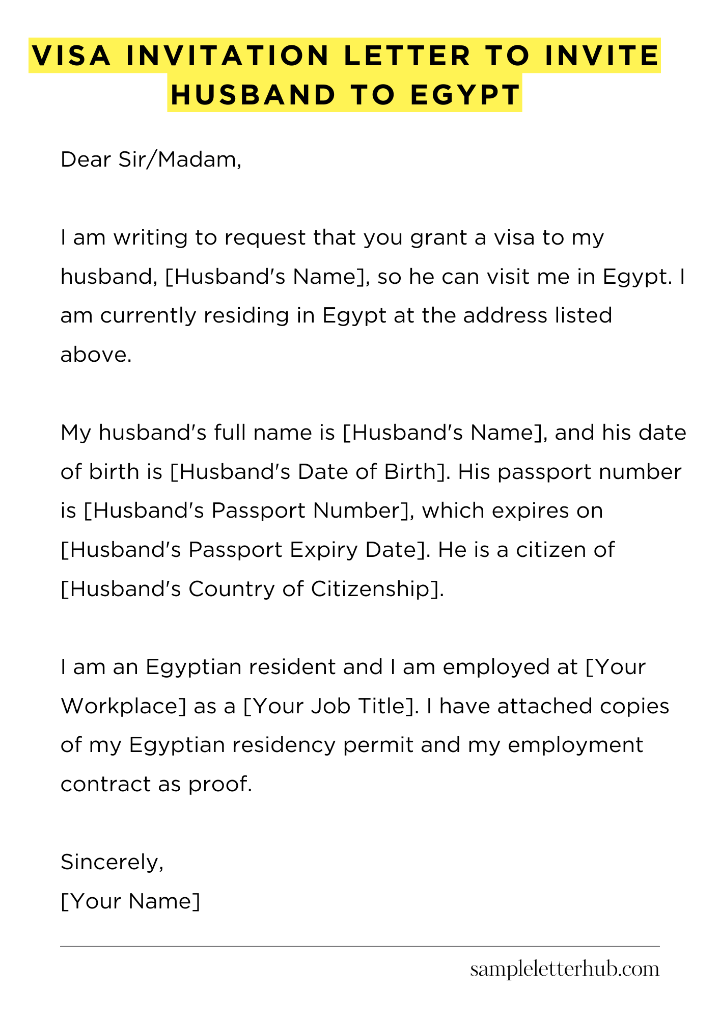 Visa Invitation Letter to Invite Husband to Egypt