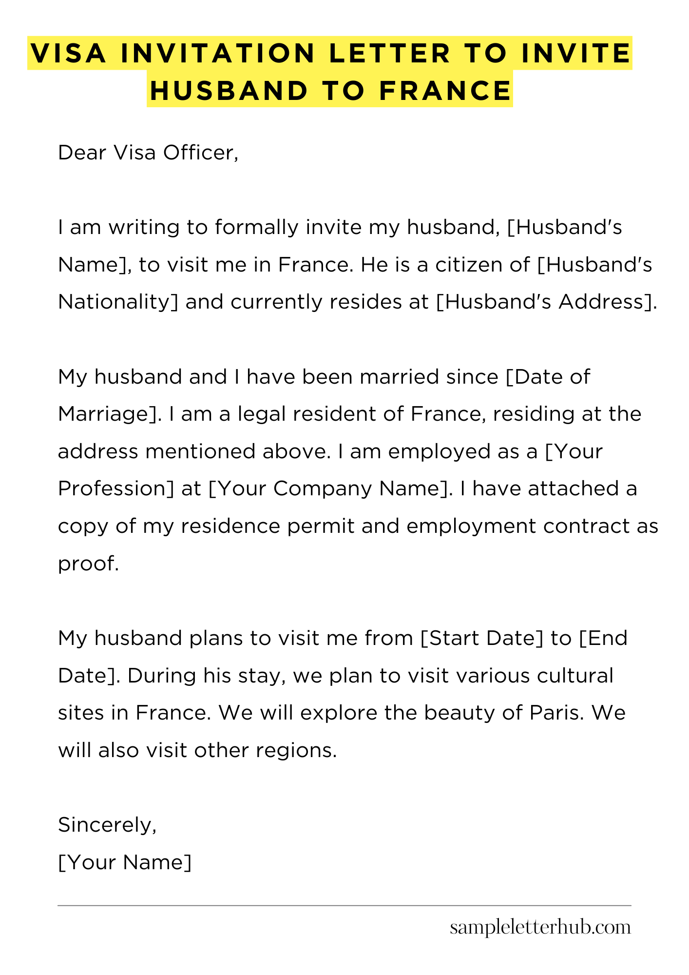 Visa Invitation Letter to Invite Husband to France