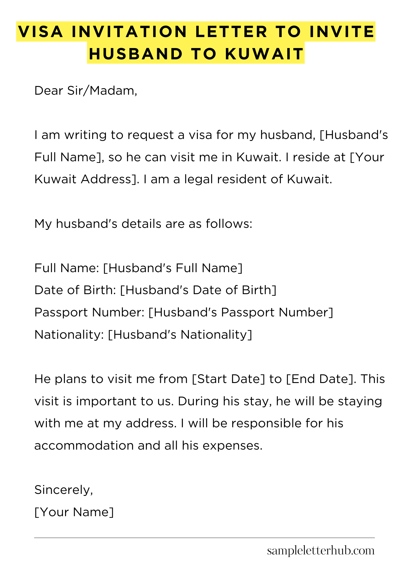 Visa Invitation Letter to Invite Husband to Kuwait