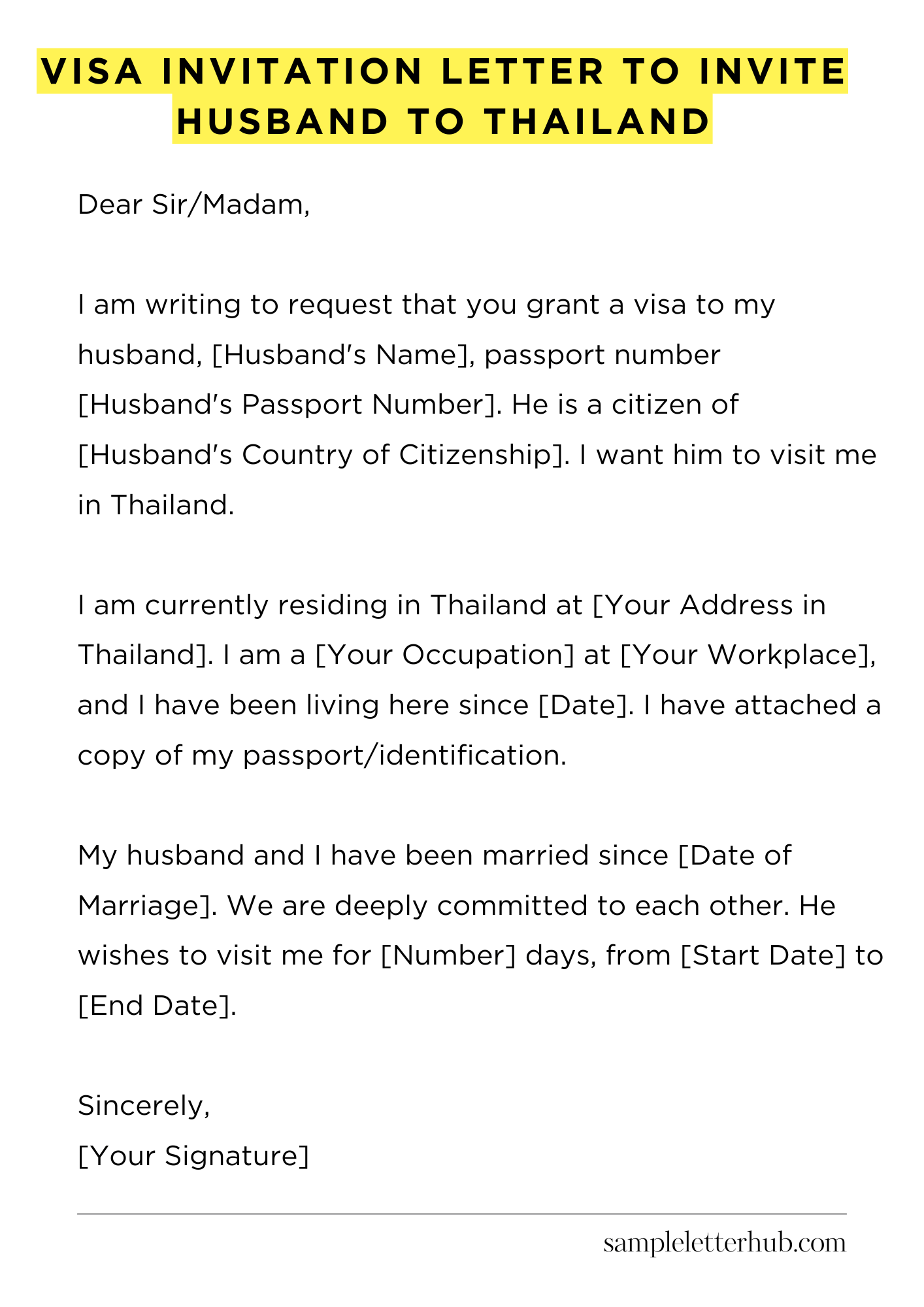 Visa Invitation Letter to Invite Husband to Thailand