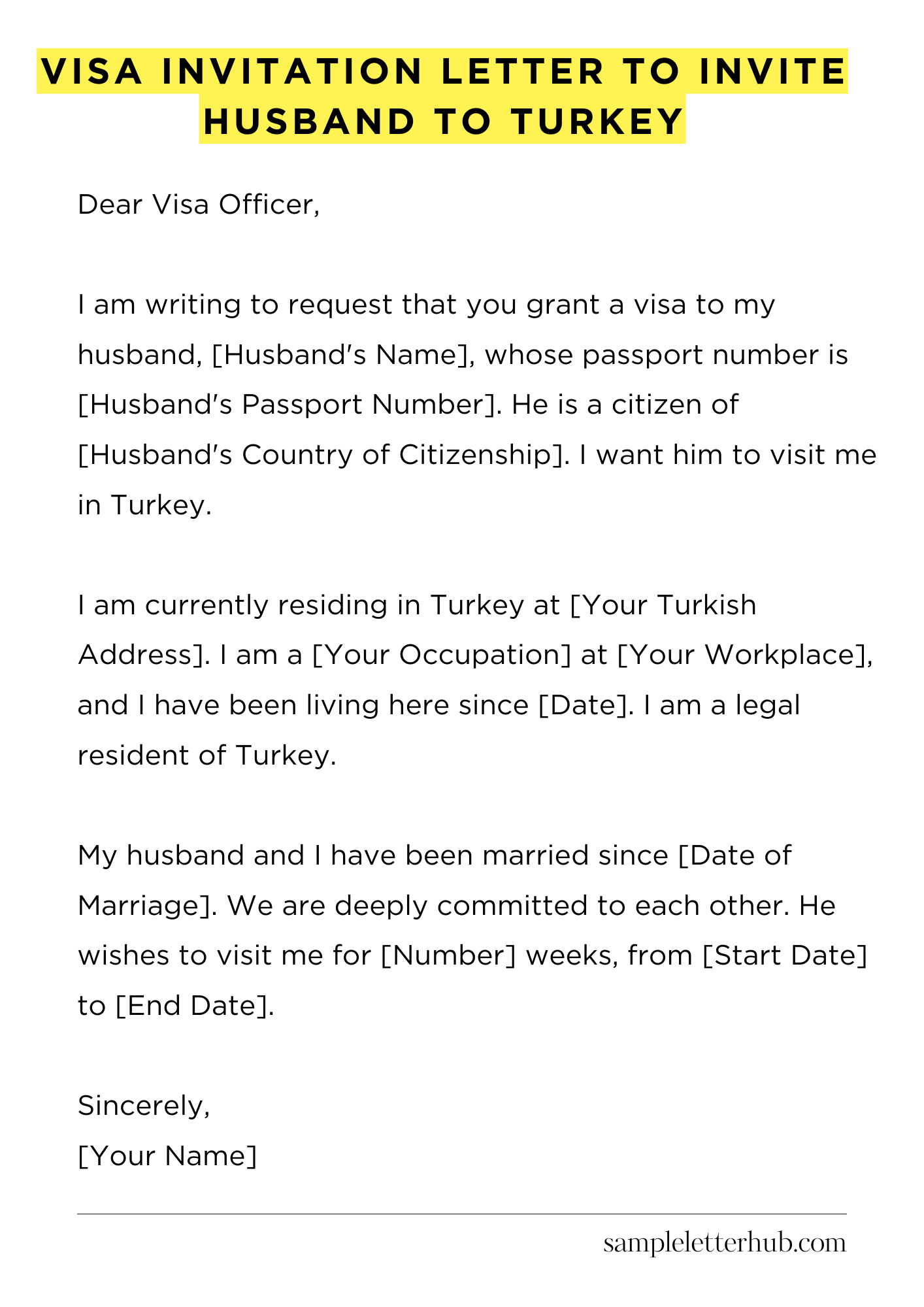 Visa Invitation Letter to Invite Husband to Turkey