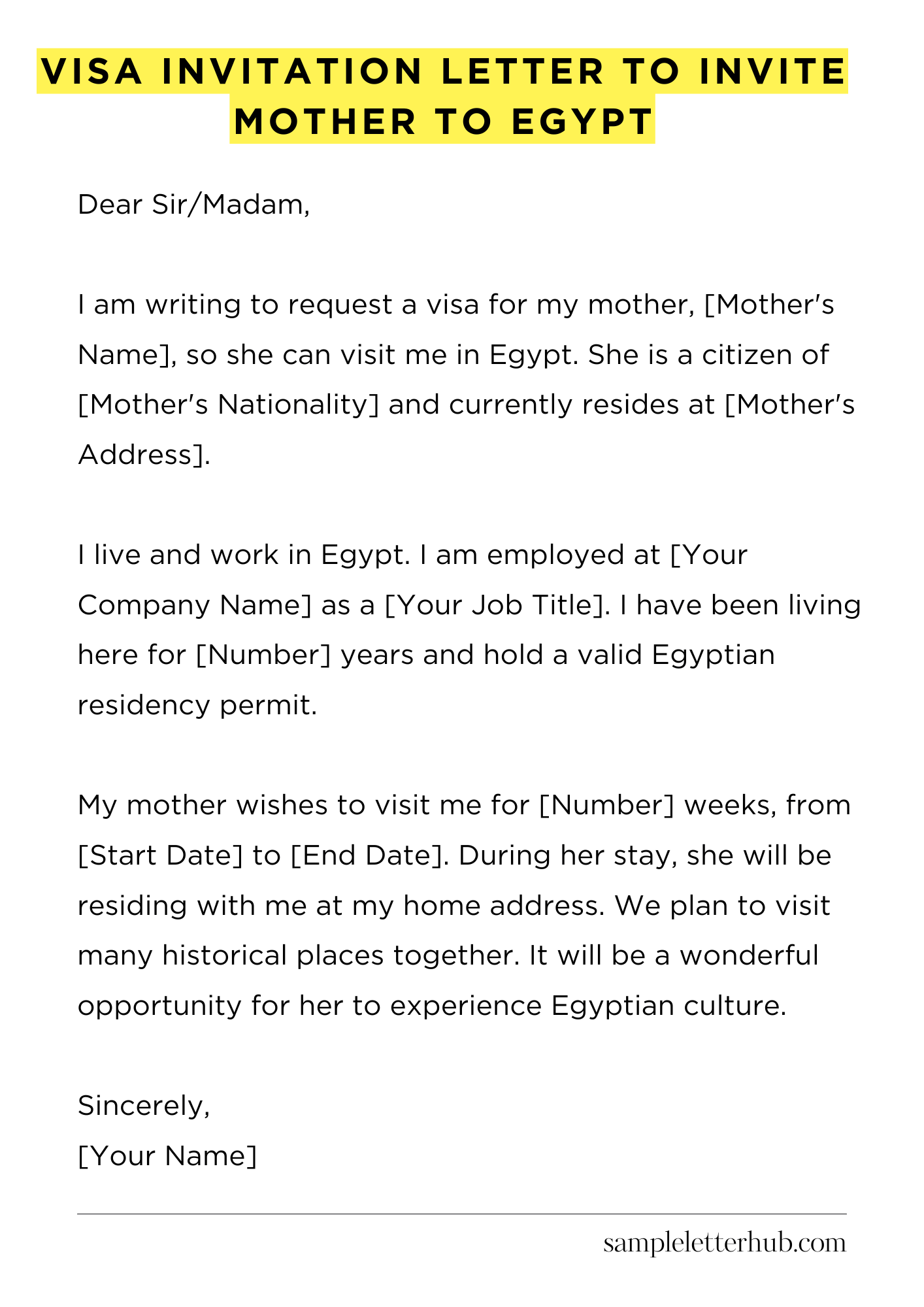 Visa Invitation Letter to Invite Mother to Egypt