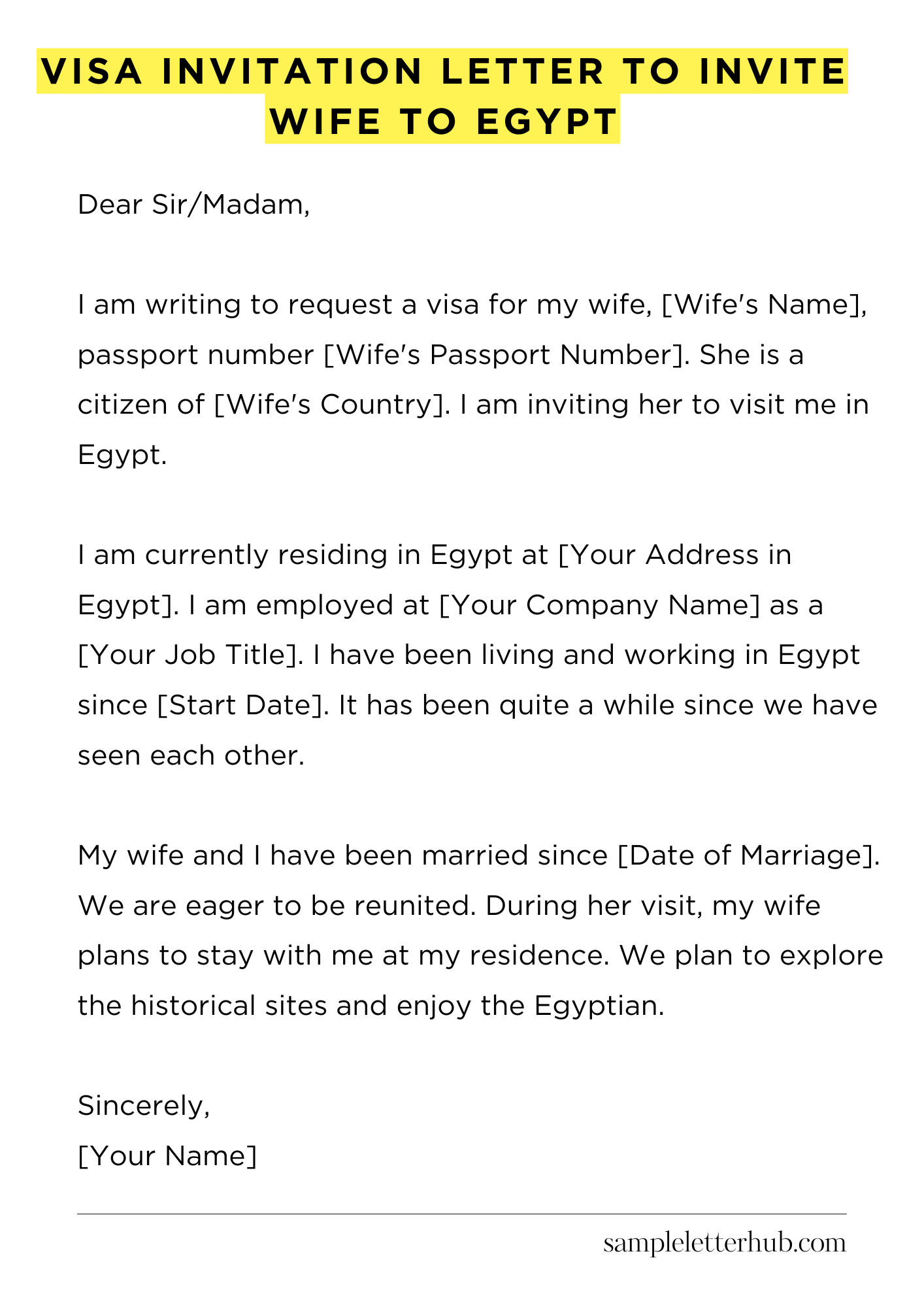 Visa Invitation Letter to Invite Wife to Egypt