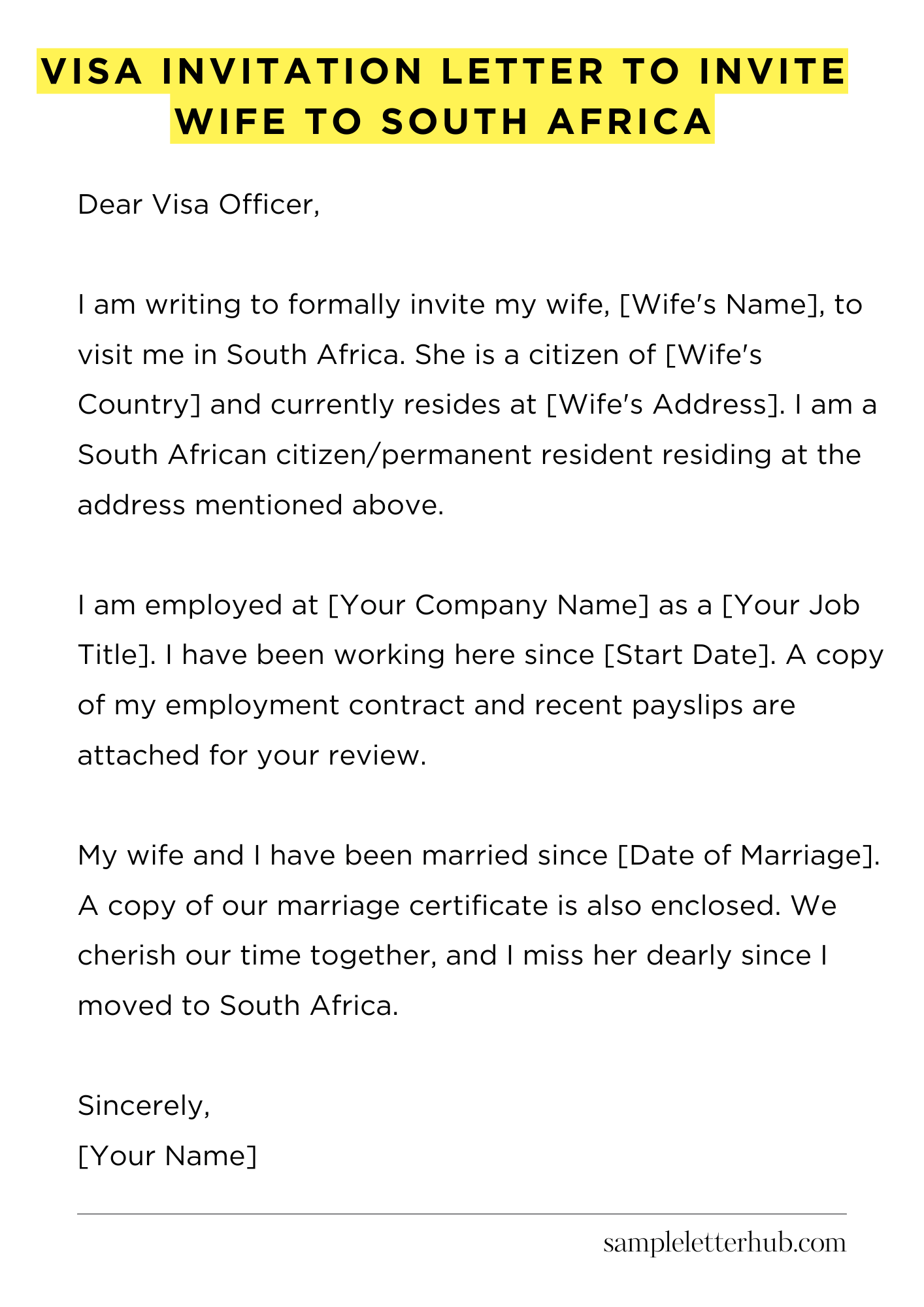 Visa Invitation Letter to Invite Wife to South Africa