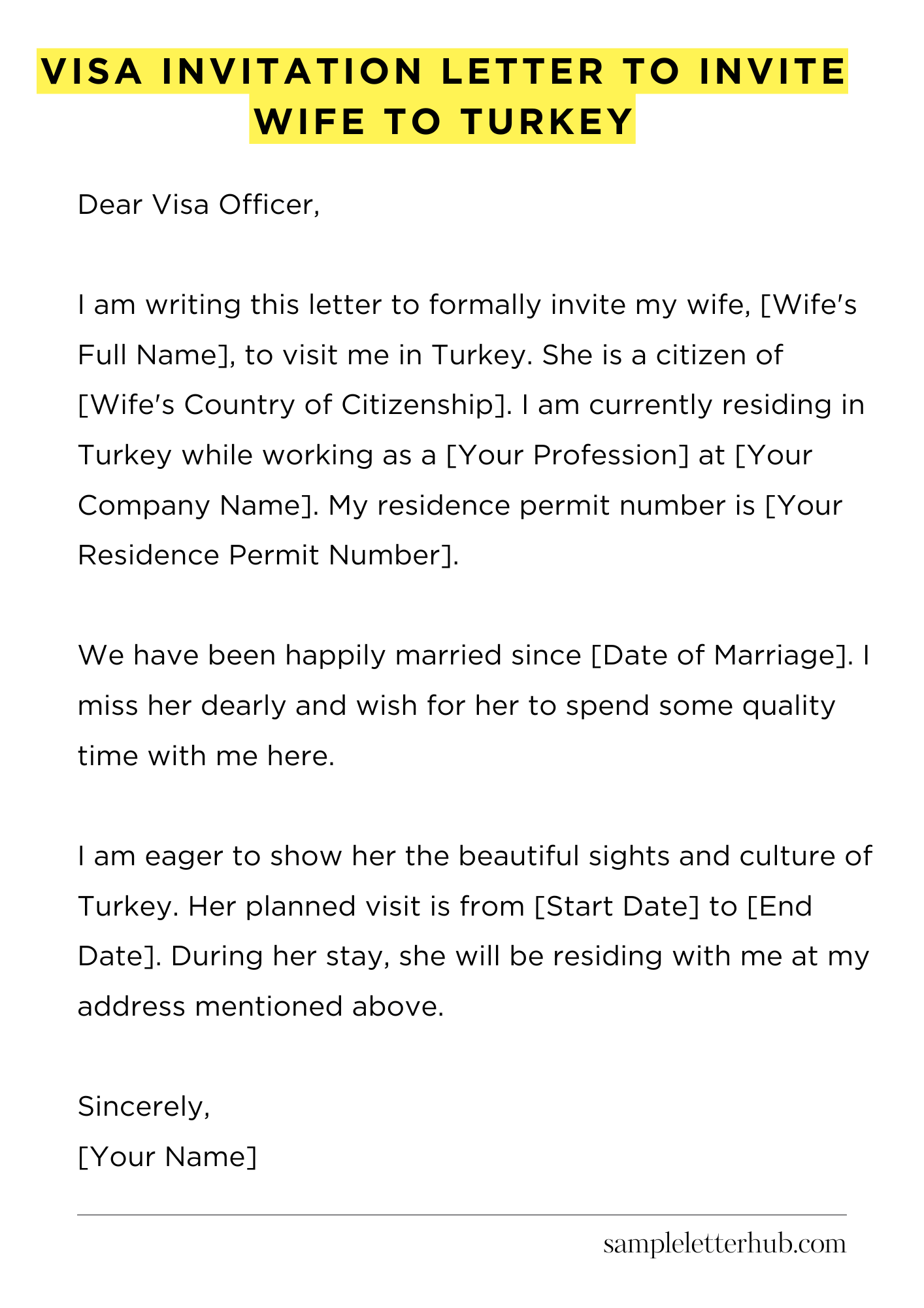 Visa Invitation Letter to Invite Wife to Turkey