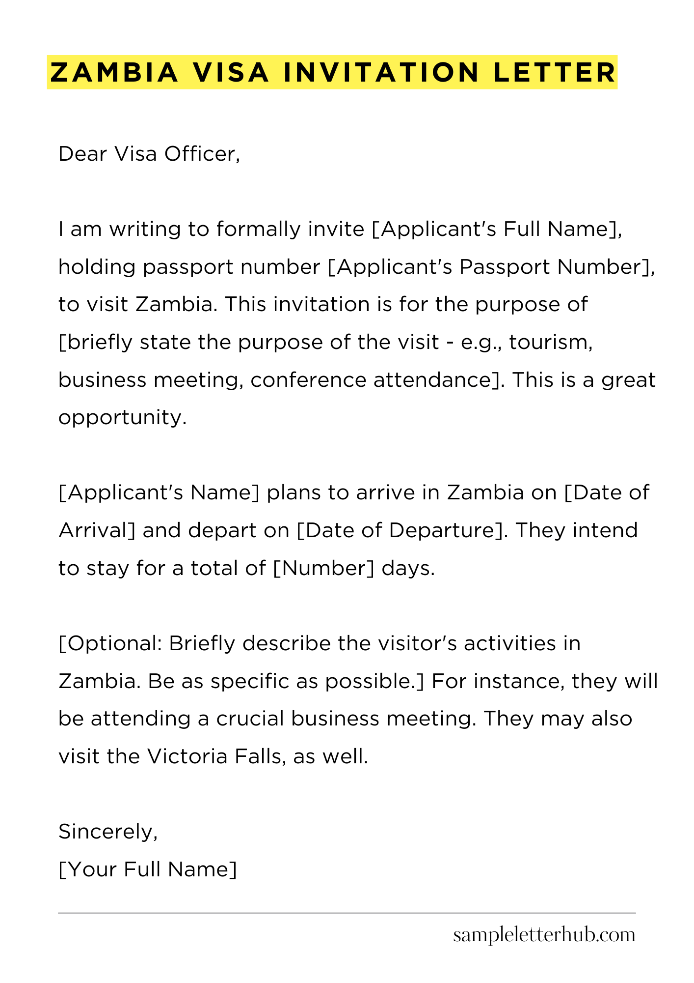 Zambia Visa Invitation Letter