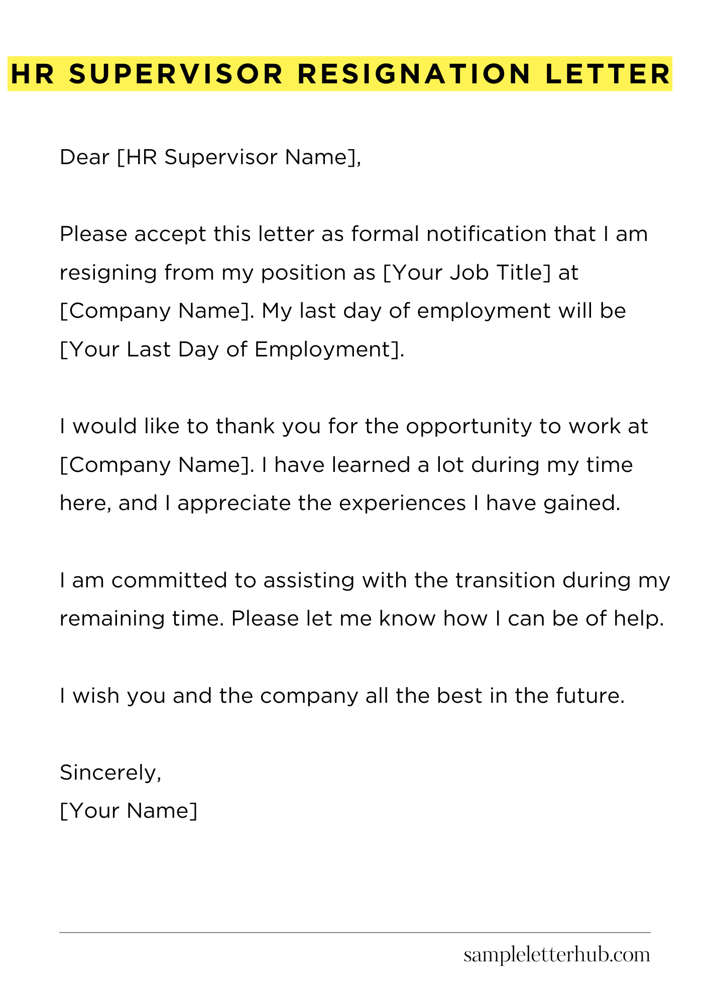 Hr Supervisor Resignation Letter