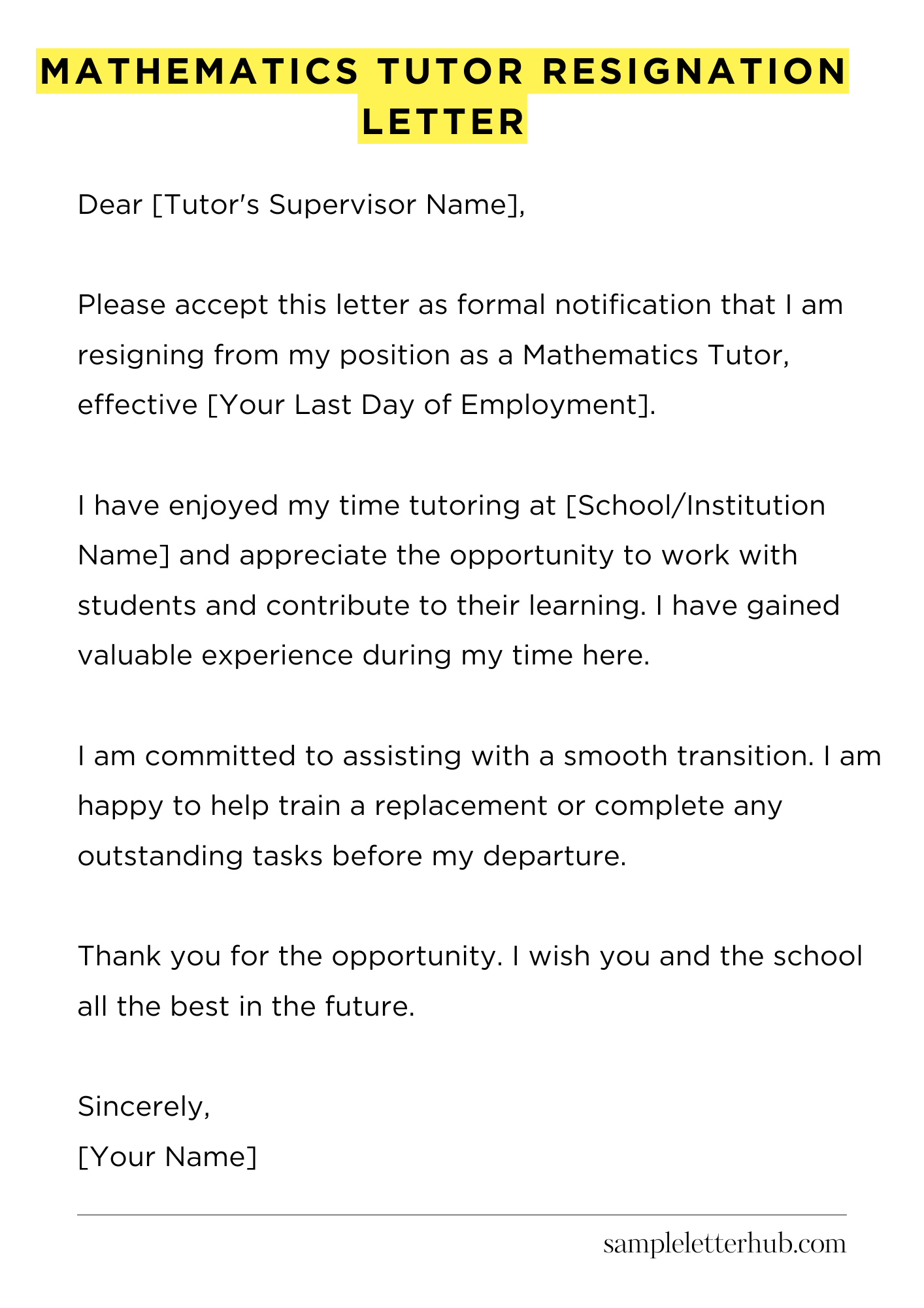 Mathematics Tutor Resignation Letter