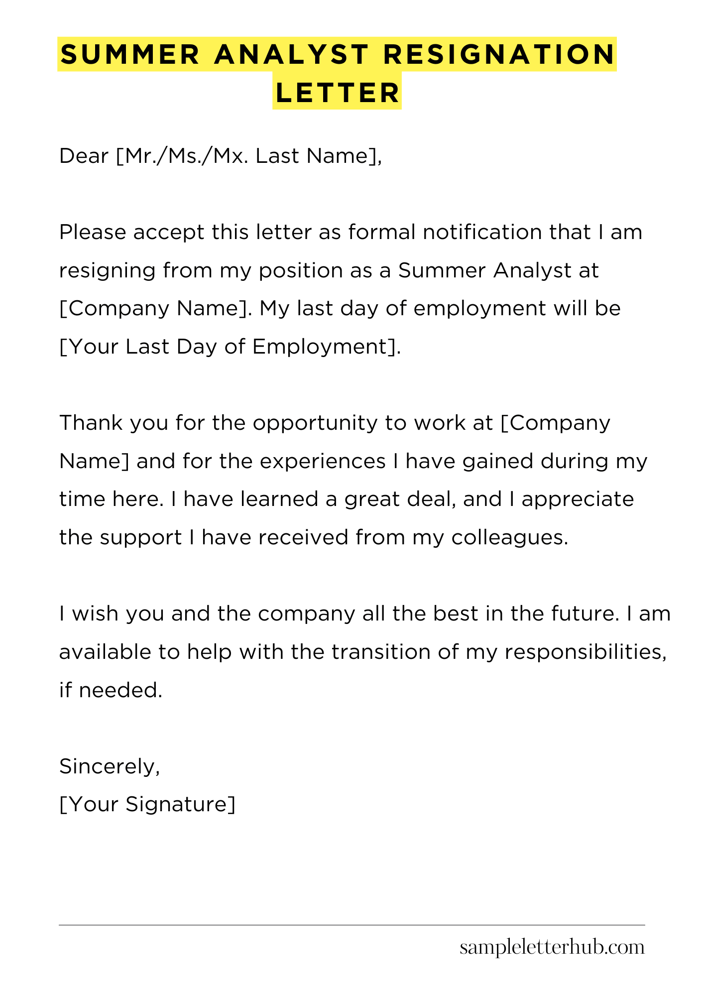 Summer Analyst Resignation Letter