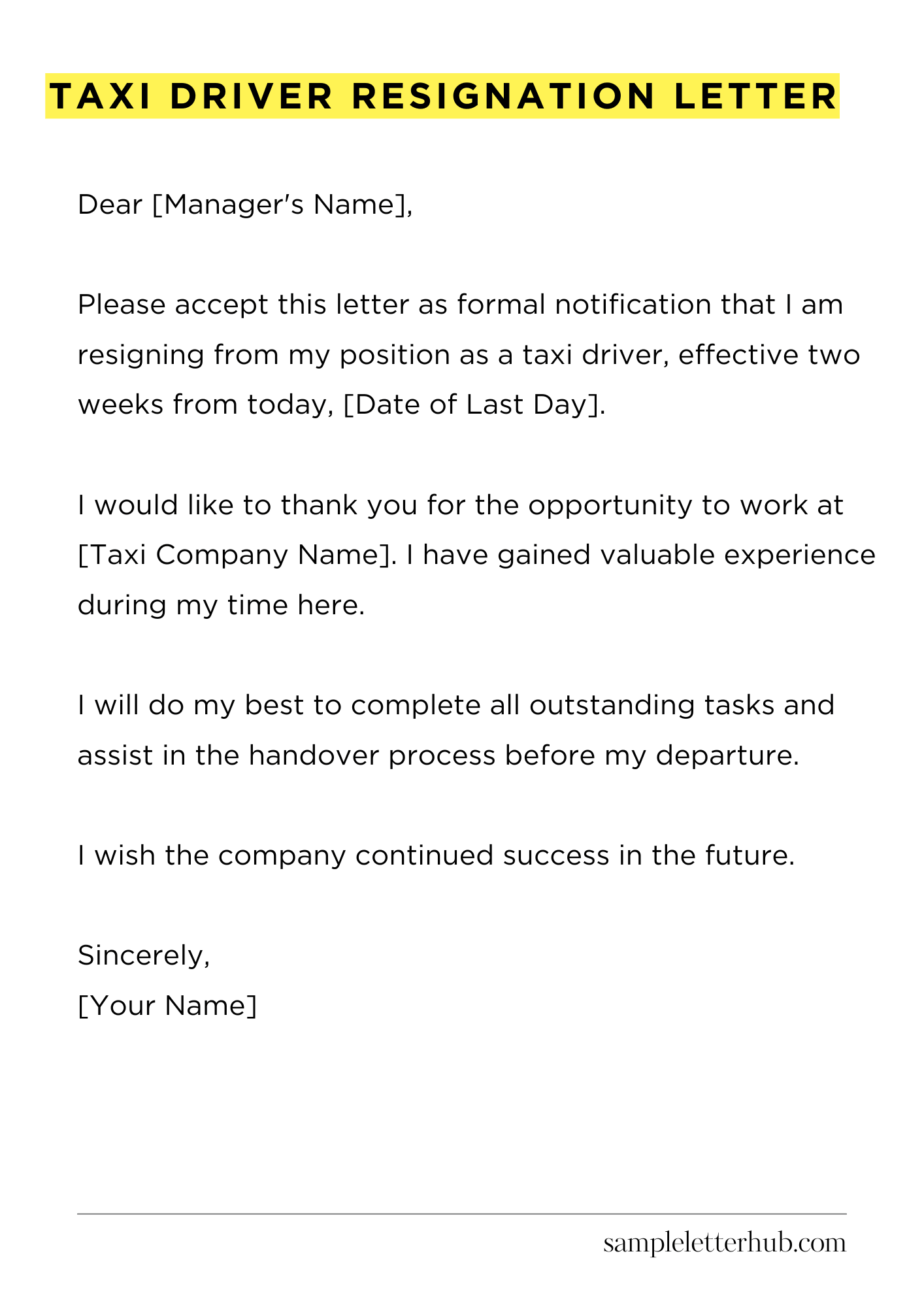 Taxi Driver Resignation Letter