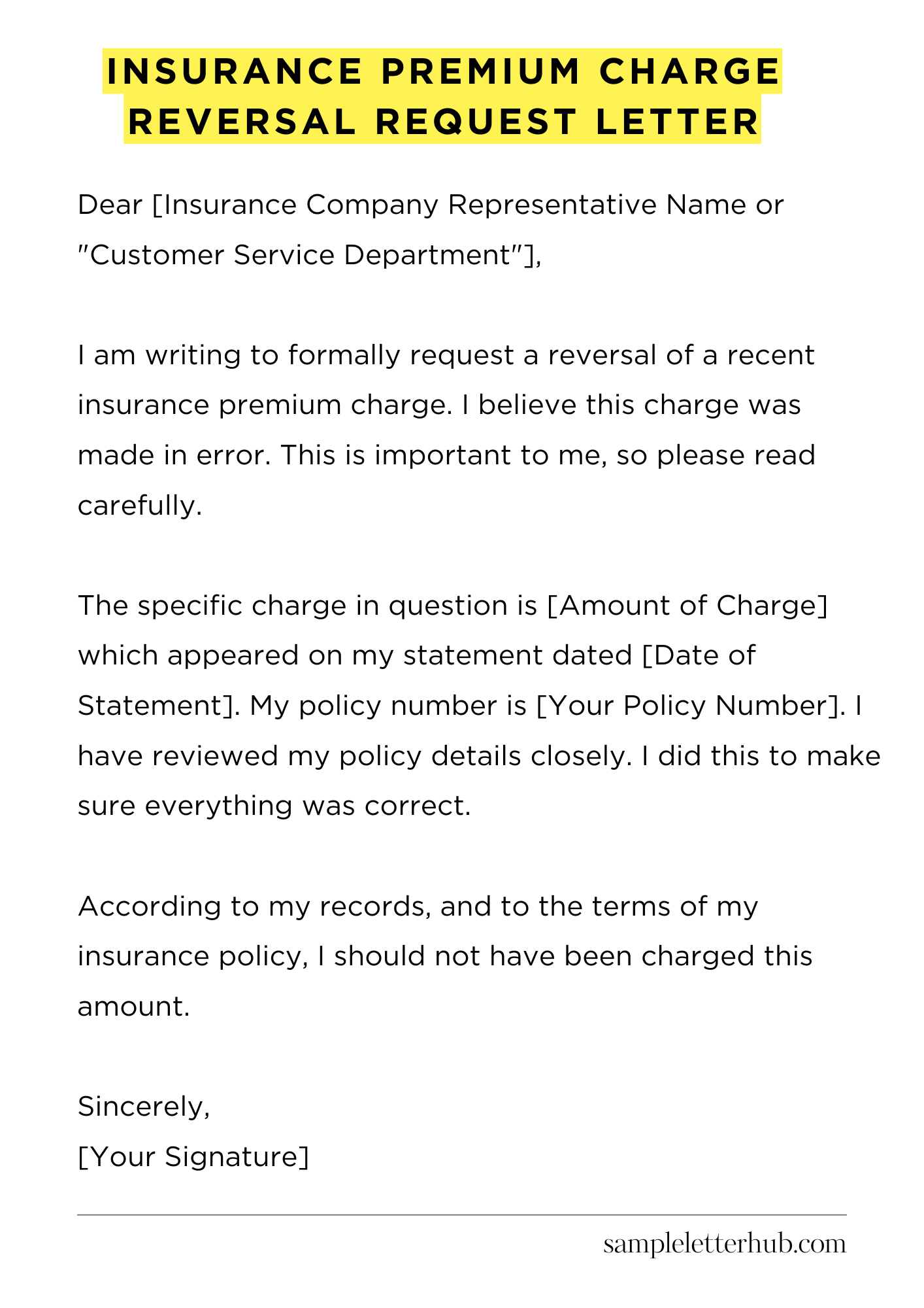 Insurance Premium Charge Reversal Request Letter