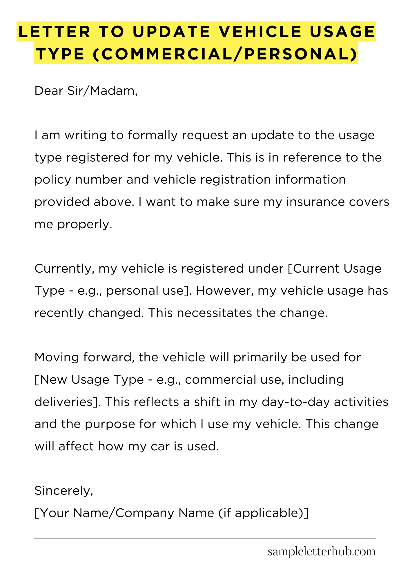 Letter to Update Vehicle Usage Type (commercial/personal)